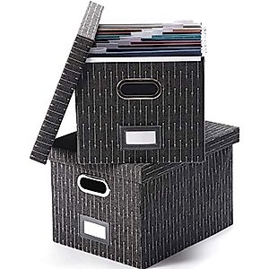 TRIZO Collapsible File Storage Organizer Box - Decorative Home & Office Portable Small Filing System for Folder & Documents (Set of 2)