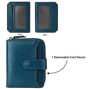 Small Wallets for Women RFID Blocking Leather Zipper Coin Pocket Wallet Card Case with ID Window (Peacock Blue)