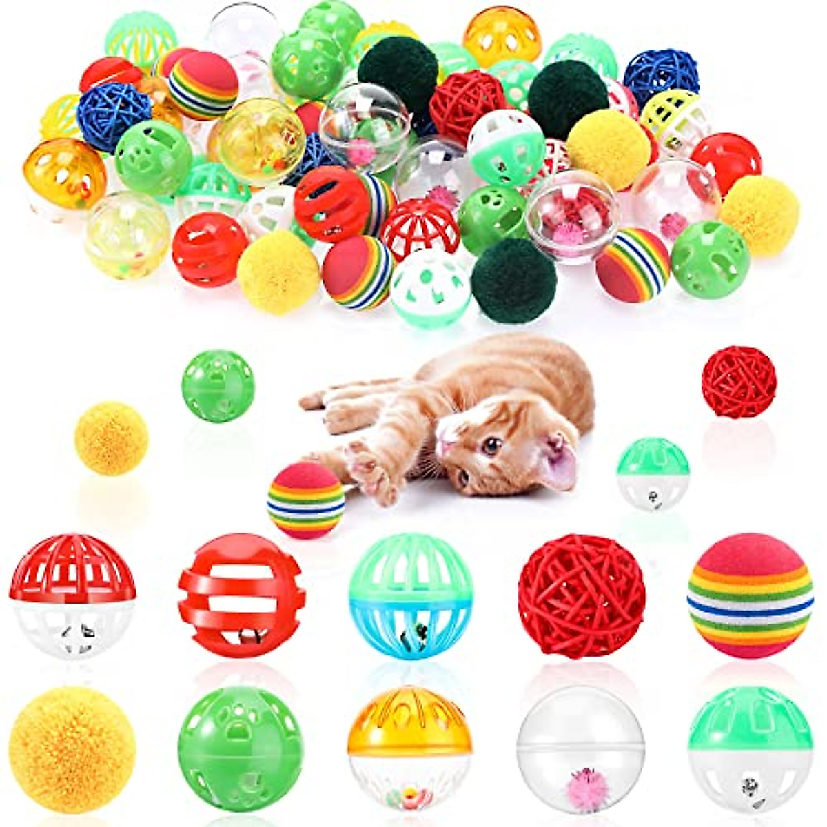Deekin 60 Pack Cat Toys Plastic Noisy Cat Toy Balls with Bell Kitten Chase Pounce Rattle Toy Assortments Including Rainbow Foam Ball, Furry Pompom Ball, Sisal Ball for Cats (Assorted Style)