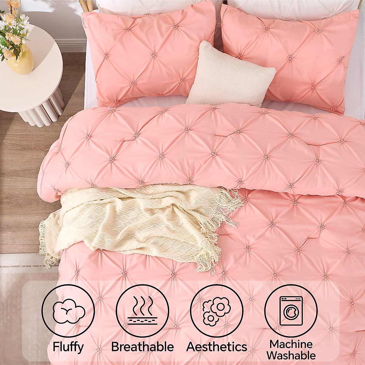 BEDELITE Pink Twin Comforter Set for Girls - 2 Peices Boho Pintuck Bedding Comforter Sets, Lightweight Soft & Warm Twin Bedding Sets with 1 Pillowcase for All Season