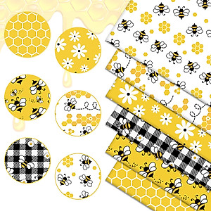Whaline 6Pcs Summer Cotton Fabric Bundles Bee Daisy Honeycomb Plaid Fat Quarters Bee Theme Quilting Patchwork Squares for DIY Handmade Craft Decor, 18 x 22 Inch
