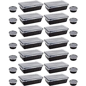 Plastic Meal Prep Container Set (28 Pieces) - 32 oz Food Storage Containers (14PCS) & 2 oz Sauce Cups with Lids (14PCS) - Microwavable & Freezable Reusable Lunch Boxes - BPA-Free Dishwasher Safe