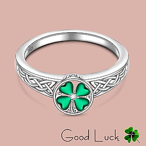St Patricks Day Shamrock Ring Four Leaf Clover Ring for Women Sterling Silver Celtic Knot Irish Green 4 Leaf Clover Jewelry Prom Valentines Gifts Size 7