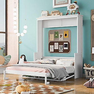 YSWH Queen Size High Murphy Bed Chest, Wood Murphy Bed Frame with Shelf Desk, Mobile Versatile Chest Bed Folding Bed for Bedroom Furniture, Foldable Platform Bed Folded into Cabinet (White)