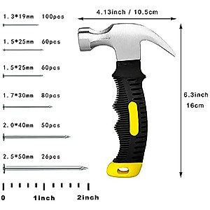 376pcs Hardware Nails Assortment Kit and 8oz Small Claw Hammer,Mini Hammer with Anti-Slip Handle,Nails for Hanging Pictures,Maximum Length 2 Inches Nails,Finishing Nails for Household and DIY