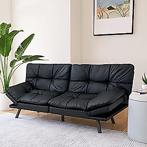 Opoiar Futon Sofa Bed,Lounge Memory Foam Sleeper Couch for Living Room,Convertible Modern Loveseat for Compact Living Spaces,71" W,Leather/Black