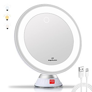 START MAKERS Makeup Mirror 10X Magnifying Mirror Vanity Mirror with Lights and Magnifying Mirror Suction Cup for Home Bathroom Travel 360 Rotation Dual Power Touch Control 3 Color LED Compact Mirror