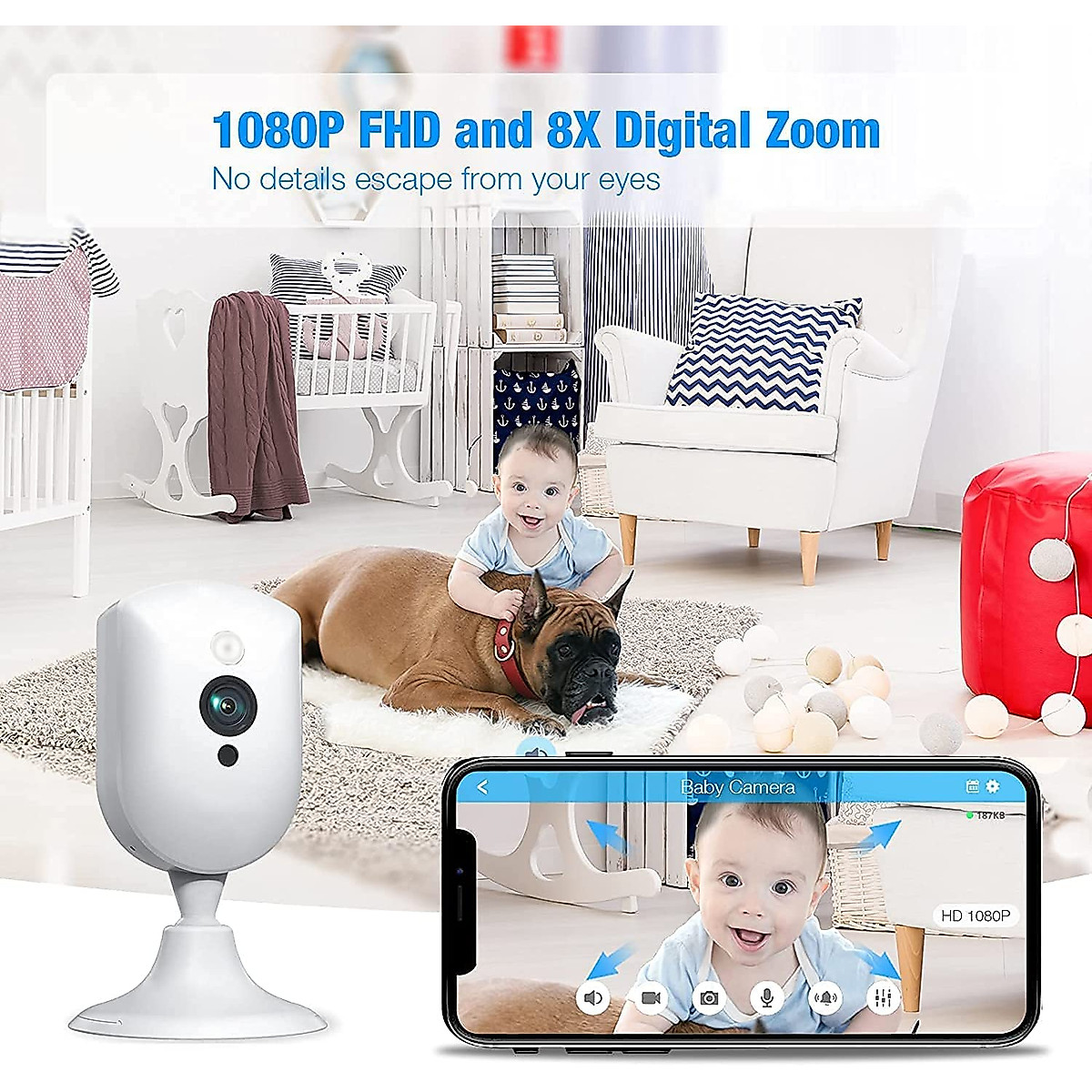 Ebitcam Baby Monitor with Camera and Audio, 1080P HD Pet Camera with Sound/Motion Detect, Plug-in Indoor Security Camera with Night Vision, 2 Way Audio Nanny IP Cam for Home Surveillance-Alexa