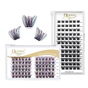 QUEWEL Cluster Lashes 72 Pcs Wide Stem Colored Eyelash Clusters Mixed Colors Lashes Clusters+ C/D Curl 8-16mm Length DIY Eyelash Extension False Eyelashes Natural&Mega Styles