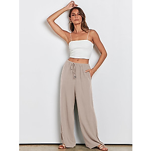 ANRABESS Women's Linen Summer Palazzo Pants Elastic Waist Casual Beach Trendy Wide Leg Trousers with Pockets Large Light Khaki