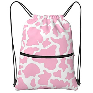 Famame Pink Cow Print Drawstring Backpack String Bag Sackpack For Gym Shopping Beach Sport Yoga