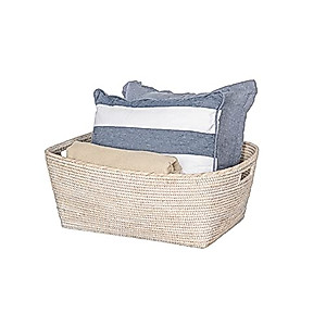 La Jolla Rattan Oblong Storage Basket, White-Wash, Large