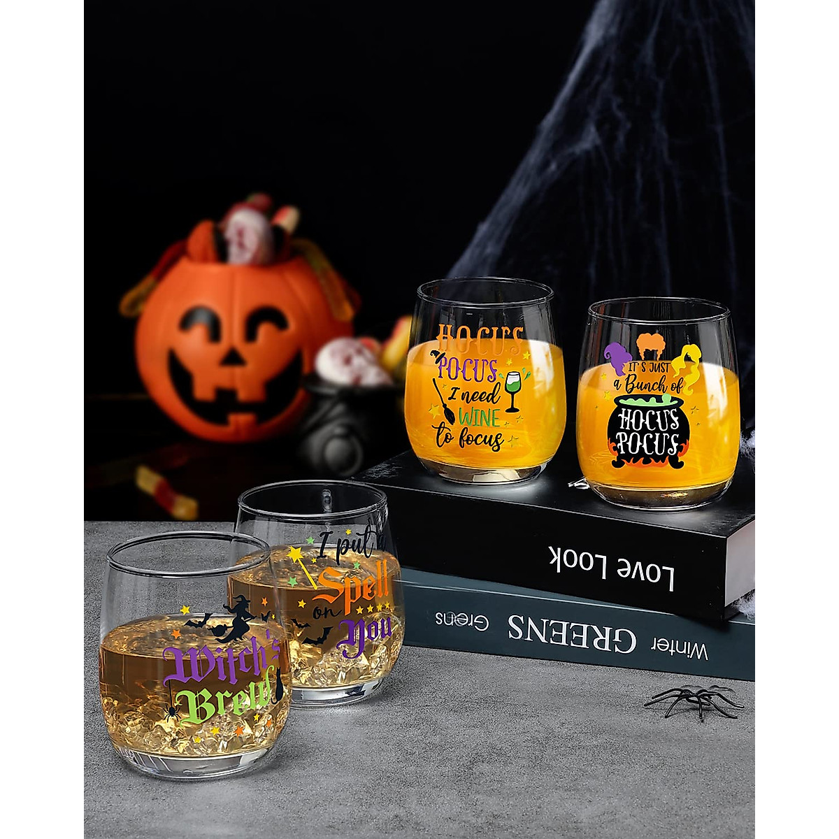 Halloween Witches Wine Glasses 4PCS Hocus Pocus Stemless Glass 12oz Gift Brew Sanderson Sisters Glass Tumbler for Ice Coffee Beer Beverages Funny Party Cup Favors Birthday Wedding Gifts Fall Peresnt