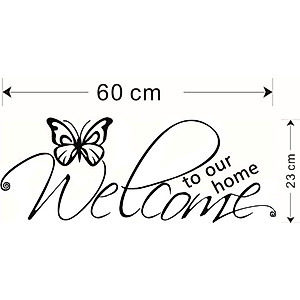 BIBITIME Flying Black Butterfly Saying Welcome to Our Home Front Door Sign Decal Vinyl Letters Quotes Stickers for Christmas Living Room Porch Garden,DIY 27.95" x 10.23"