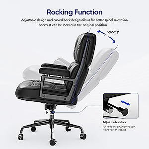 Office Chair- Aluminum Arms Thickened Backrest Lumbar Support, Executive Desk Chair, Genuine Grain Leather Thick Padded Strong Aluminum Base Quiet Wheels, Ergonomic Mid Back Leather Computer Chair
