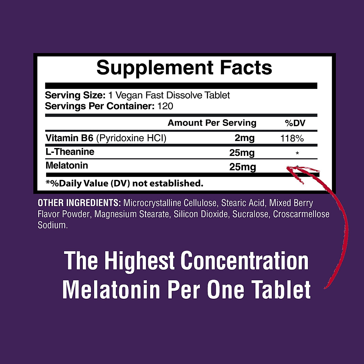 Happi Mi Nutrition Melatonin 25mg, Extra Strength with L-Theanine & Vitamin B-6, Fast Dissolve Tablets, Sleep Support, Relaxation, Restful Sleep, Drug Free, Natural Berry Flavor, 120 Chewable Tablets