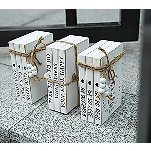 3 Pieces Wooden Decorative White Books, Rustic Farmhouse Book Stack, Faux Books for Coffee Table Shelves with Wood Bead Tassels and Leaves, for Modern Home Decor, 7'x 4.6'x 2.5'