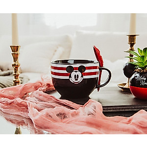 Disney Mickey Mouse Red-Striped Ceramic Soup Mug With Spoon | Holds 24 Ounces
