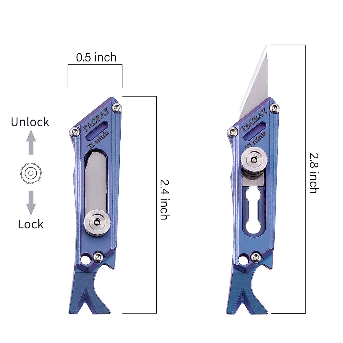 Tacray Titanium EDC Utility Knife with a bottle opener and in the tail, Pocket Knife Box Cutter with Retractable and Replaceable Blade, Mini Knife for Multiple Cutting Tasks（Blue)