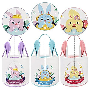 Asbtos 3 Pack Easter Basket, Bunny Baskets for Kids with Cute Rabbit Ears Stripe Storage Gifts Candies, Blue, Pink, Purple(9 x 9 x 14 inches)