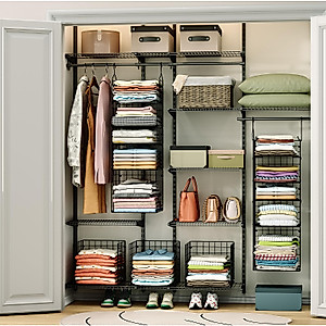 X-cosrack Hanging Closet Organizer and Storage - 5-Tier Closet Storage Organizer Baskets for Clothes & Adjustable Collapsible Metal Closet Hanging Organizer Shelves for Sweaters Shoes Handbags