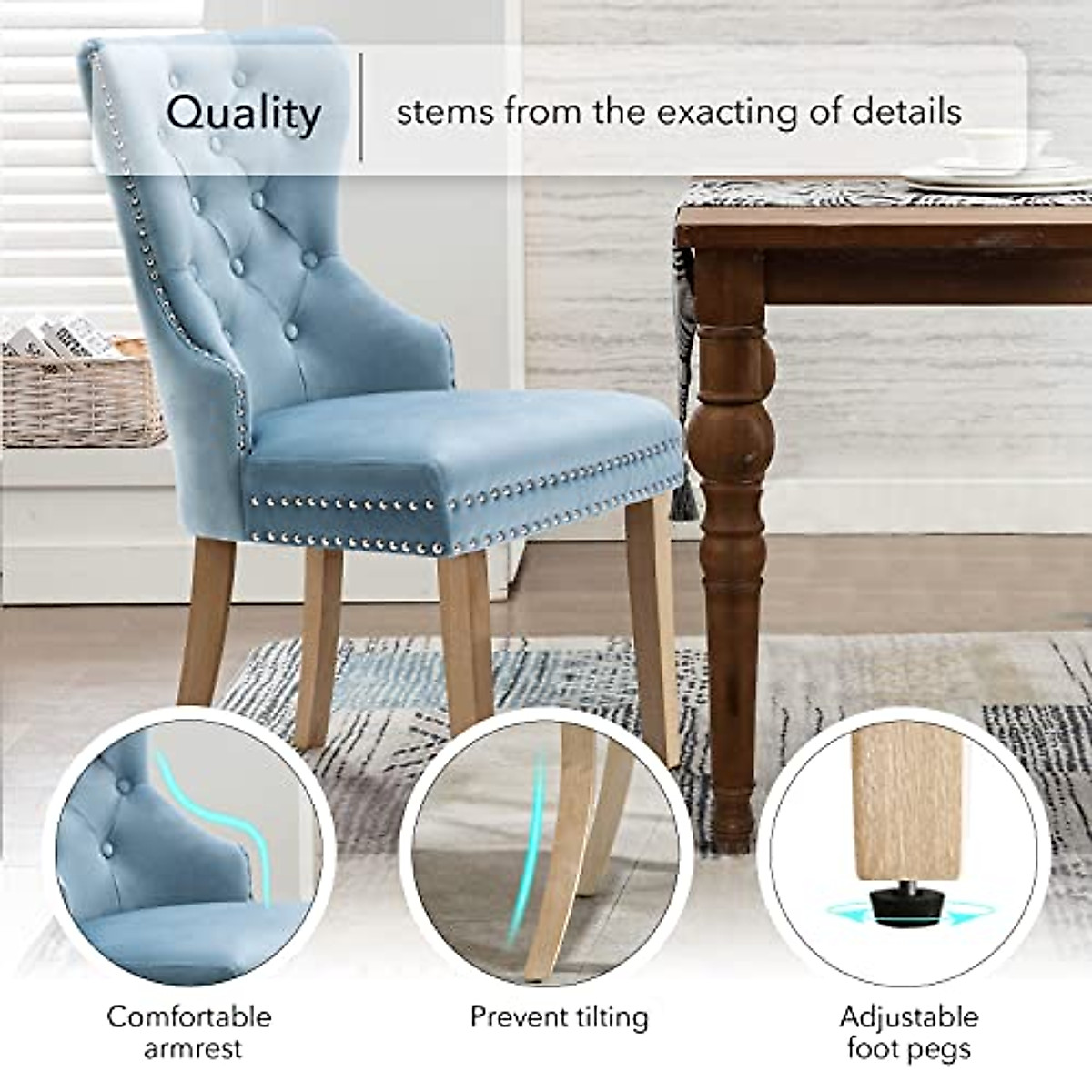 adochr Velvet Fabric Accent Dining Chairs Set of 6, Room for Used Solid Wood with Button and Nailed Trim (Blue)
