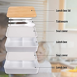 Lunch Box Bento Box for Adult, Bento Box with 2 Dividers and a Spoon and Knife and Fork, Leakproof Lunch Container, Upgraded Plastic Bamboo Pattern Cover and Cloudy White Appearance