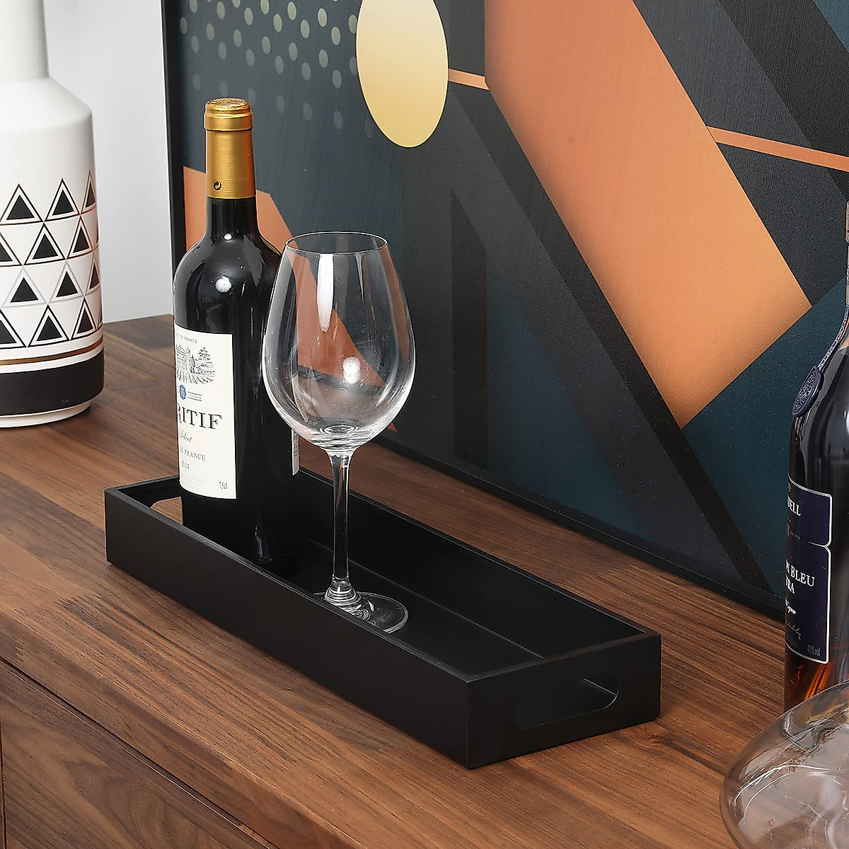 MyGift 16-inch Metal Matte Black Decorative Tray, Rectangular Narrow Serving Tray with Cutout Handles