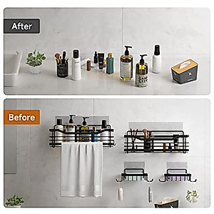 Hesento 4-Pack Shower Caddy, Strong Adhesive Shower Organizer Shelf with 2 Hooks, No Drilling Rustproof SUS304 Stainless Steel Shower Shelves for Bathroom, Toilet, Kitchen (Matte Black)