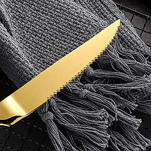 Stainless Steel Serrated Steak Knife Set of 6, BuyGo Gold Color Heavy Duty Dinner Table Knives for Cutting Meat, Beef, 8.6 Inch, Dishwasher Safe