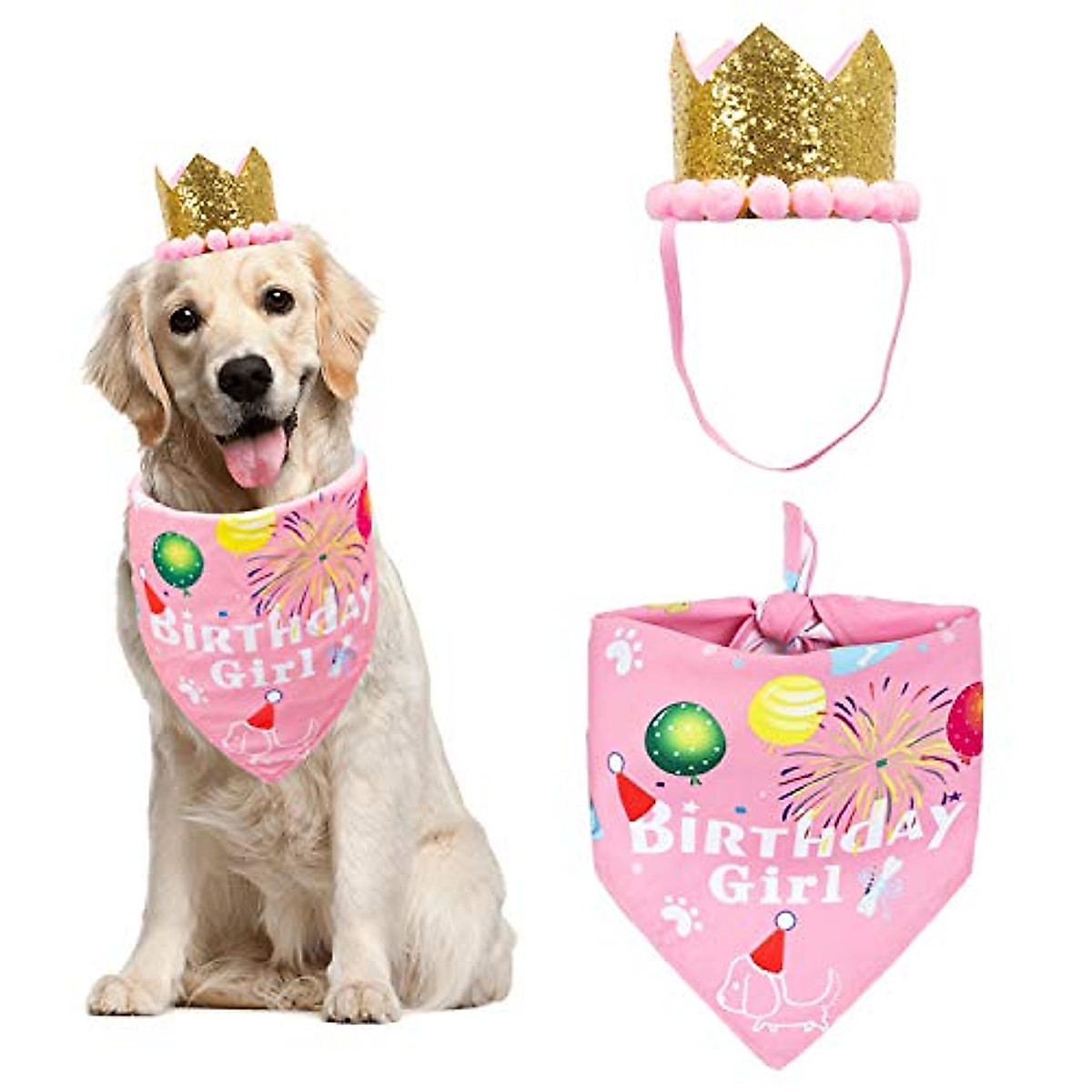 ADOGGYGO Dog Birthday Bandana Hat Set Dog Puppy Birthday Party Supply Dog Bandana Boy Girl Puppy Birthday Hat Scarf for Small Medium Dog Pet (Pink Scarf & Crown)