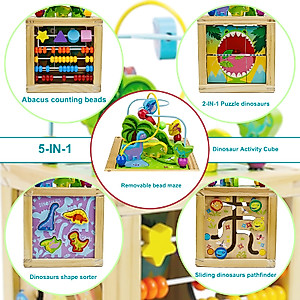 Fajiabao Baby Wooden Activity Cube - Toddler Activity Center Baby Toys 12-18 Months 1 2 3 Year Old Boy Girls Gifts with Bead Maze Sorter Abacus Montessori Dinosaur Toys Educational Learning for Kids
