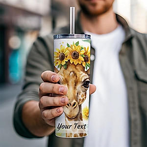 Personalized Custom Name Text Giraffe Watercolor Design With Sunflowers Skinny Tumbler 20oz with Straw Insulated Water Bottle Gift - 1 Line Horizontal