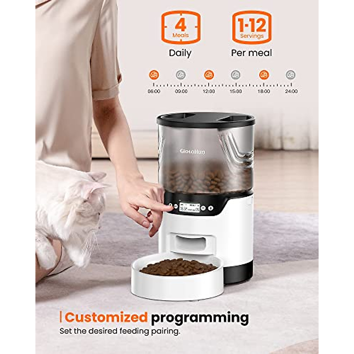 Automatic Cat Feeder, Timed Cat Feeder with Adjustable Feeding Schedule, Cat Dry Food Dispenser, GIOTOHUN pet feeders with Desiccant Bag, 1-4 Meals Per Day, 10s Voice Recorder, Dual Power Supply