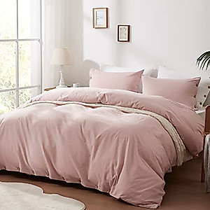 SunStyle Home 100% Washed Cotton Duvet Cover Set Breathable Soft Queen Burnished Lilac Duvet Cover 3 Pieces Solid Color Bedding Set with Buttons Closure Comforter Cover Set (1 Duvet Cover +2 Shams)