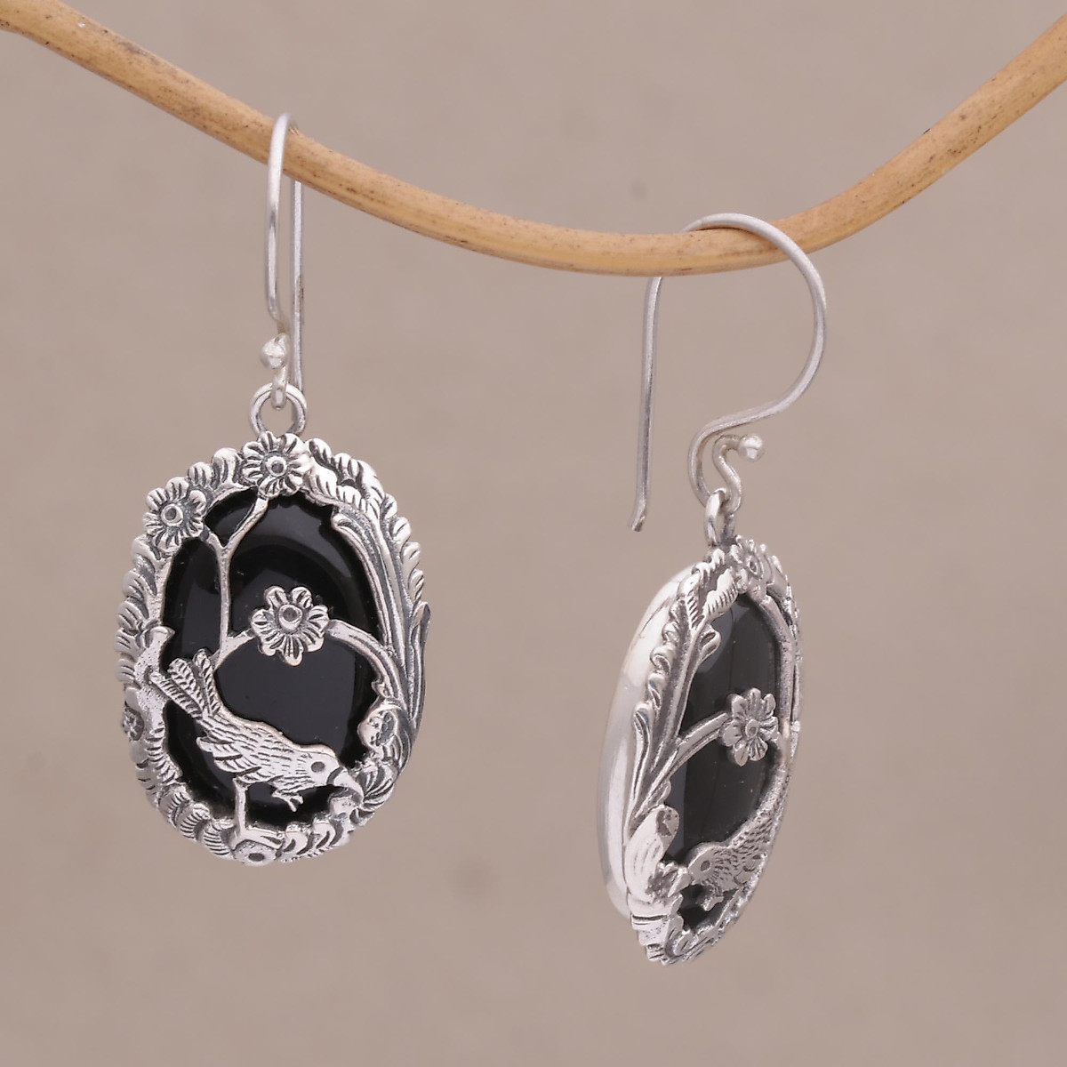 NOVICA Artisan Handmade Onyx Dangle Earrings 925 Silver Birdthemed from Bali Sterling Indonesia Nature Floral Birthstone [1.5 in H x 0.7 in W x 0.2 in D] ' Avian Curiosity'
