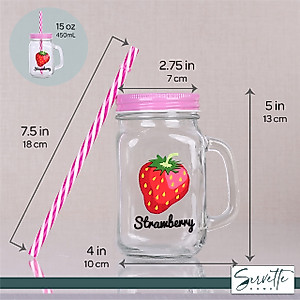 Mason Jar 15oz/450mL with Lid & Straw Drinking Glasses Printed Strawberry - Set of 2