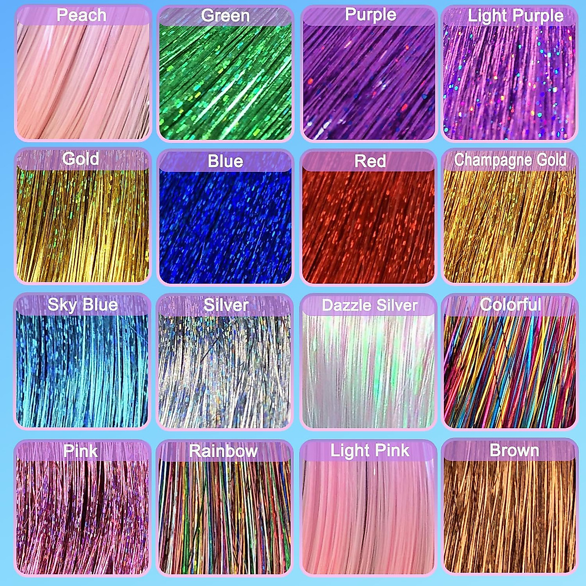 AMchoice Hair Tinsel Kit with Tools 16 Colors 3500 Strands Fairy Hair Tinsel Heat Resistant Sparkling Shiny Tinsel Hair Extensions 48 Inch Colorful Hair Tinsel strands Kit