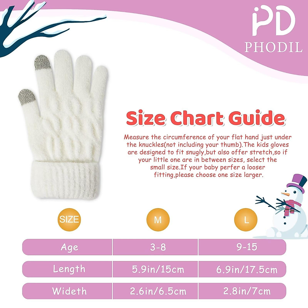 PHODIL Kids Gloves Winter Warm With Touchscreen Fingers 3 Pairs,Toddler Gloves Knitted with Fleece Lined for Cold Weather,Girls Gloves Boys Gloves Mittens for Children Age 9-15