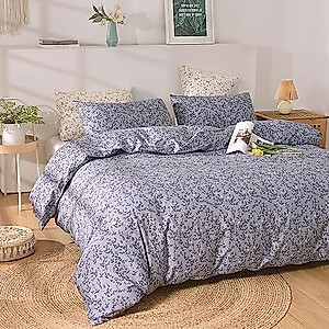 Lekesky Cotton Duvet Cover Set 100% Washed Cotton Queen Size Floral Printed Bedding Duvet Cover Set Garden Style Comforter Cover Set 3 Pcs Soft Bedding Set with Zipper Closure and 4 Ties