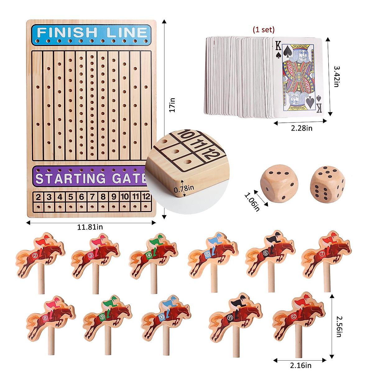 BEAUAM Horse Racing Board Game Wooden Challenge Toy Poker with 11 Durable Horses Dice & Cards for Kids Family Game Brain Teaser Gamble Game Chess