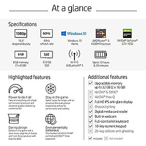 HP Pavilion Gaming 15 Laptop, NVIDIA GeForce GTX 1650, AMD Ryzen 5 4600H, 8GB DDR4 RAM, 512 GB PCIe NVMe SSD, 15.6" Full HD, Windows 10 Home, Backlit Keyboard (15-ec1010nr, 2020 Model)