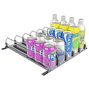 Refrigerator Can Organizer,Drink Organizer for Fridge, Self Pushing Soda Can Organizer for Refrigerator,Width Adjustable,Beer Pop Can Water Bottle Storage for Pantry, Kitchen-Black, 5 Row