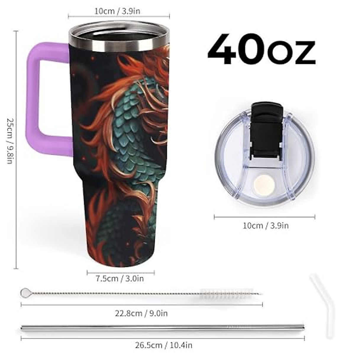 LLUTSNTH 40 Oz Vacuum Tumbler with Violet Handle Leakproof Insulated Tumbler Chinese Dragon Stainless Steel Travel Mug with Lid And Straw Coffee Cup Cute Water Bottles Cup Holder Friendly
