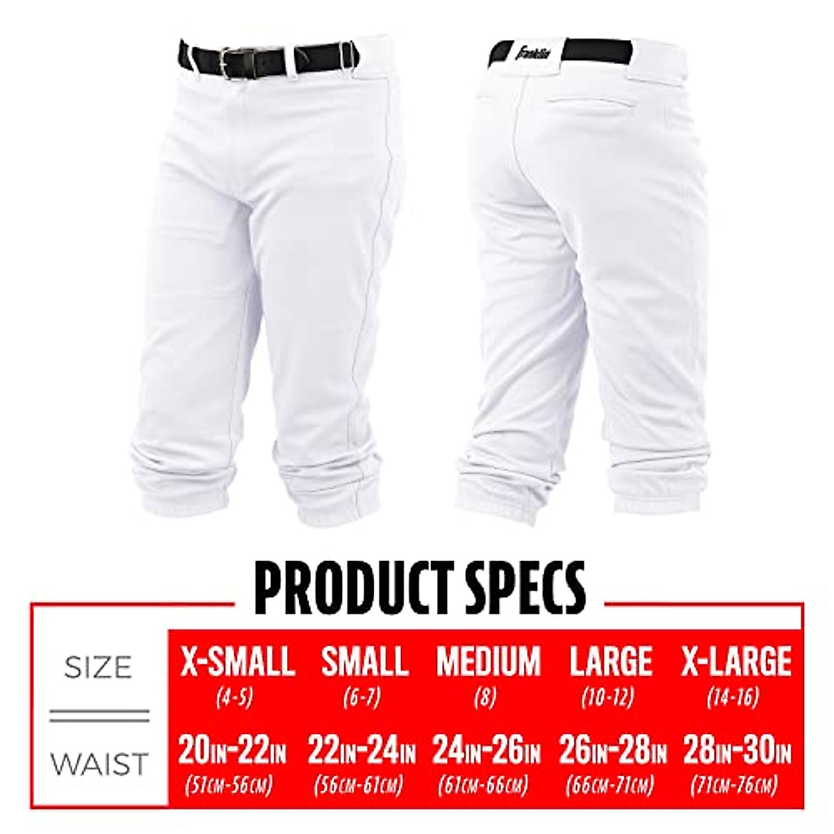 Franklin Sports Youth Baseball + Softball Pants - Knee High White Baseball Pants for Kids - Boys + Girls Knicker Style with Belt Loop - White - Extra Large