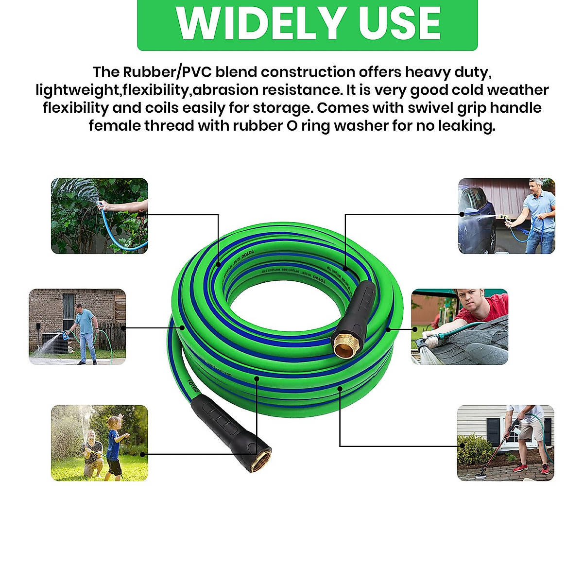 YOTOO Heavy Duty Hybrid Short Garden Hose, Lead in Water Hose 5/8-Inch by 10-Feet 150 PSI, Kink Resistant, All-Weather Flexible with Swivel Grip Handle and 3/4" GHT Solid Brass Fittings, Green+Blue