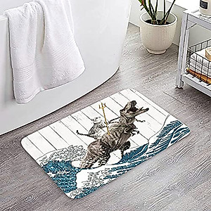 Boziqr Funny Cat Shower Curtain Set - Cute Cat Riding Dinosaur, Ocean Wave Bath Mat, Contour Mat, Toilet Lid Cover