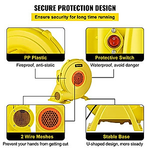 VEVOR Air Blower, 750W 1HP Inflatable Blower, Portable and Powerful Bounce House Blower, 2000Pa Commercial Air Blower Pump Fan, Used for Inflatable Bouncy Castle and Jump Slides, Yellow
