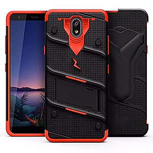 ZIZO Bolt Series for LG Escape Plus Case | Heavy-Duty Military-Grade Drop Protection w/ Kickstand Included Belt Clip Holster Tempered Glass Lanyard (Black/Red)