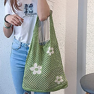 ergou Flower Crochet Tote Bag, Woven Beach Totes Bags for Women, Simple Knitting Hollow Out Shoulder Beach Bag Casual Laziness-Style Handmade Weaving Large capacity Handbag (Green)